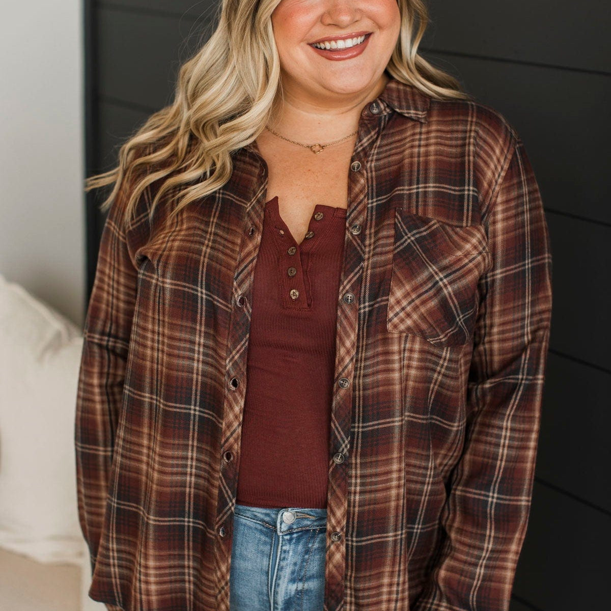 On A Journey Plaid Button Top- Burgundy – The Pulse Boutique