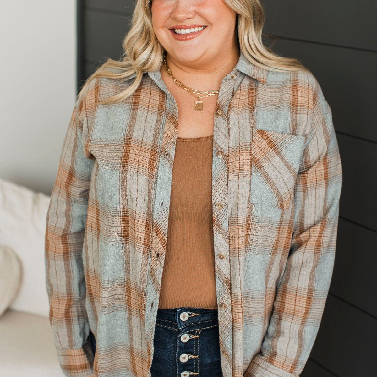 Matter Of Fact Plaid Button Top- Cool Grey & Caramel – The Pulse Boutique