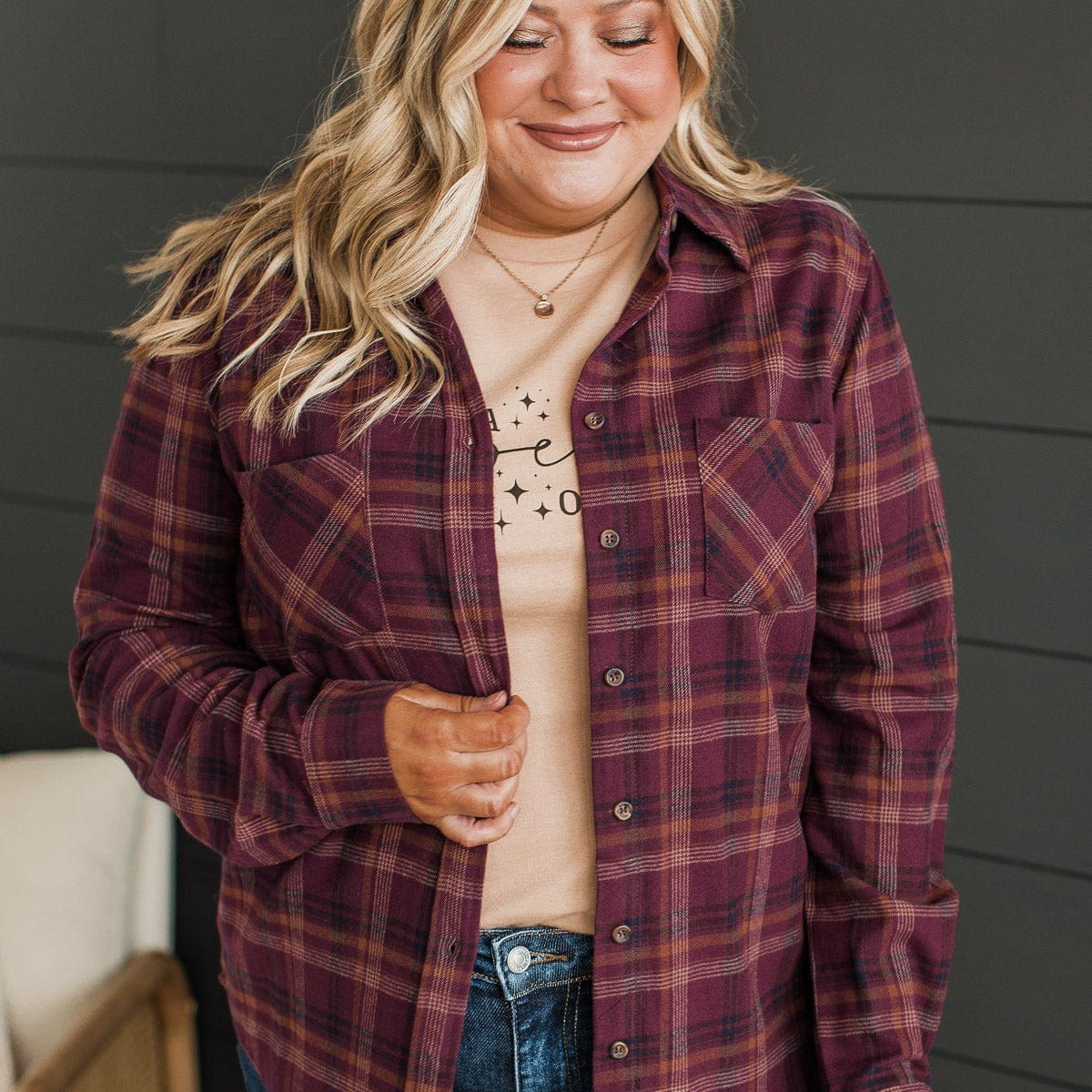 Tell You Everything Plaid Button Top- Plum – The Pulse Boutique