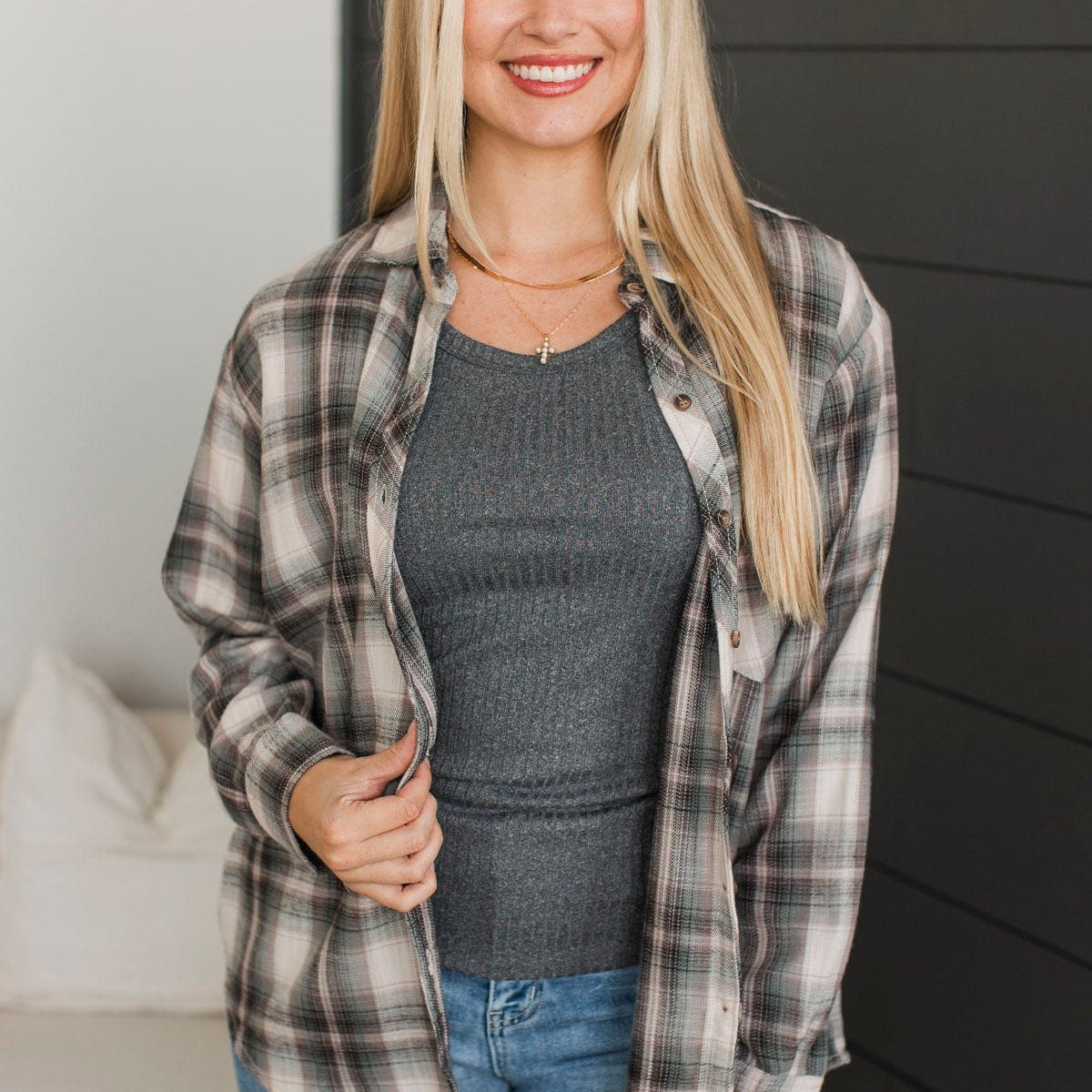 All My Devotion Plaid Button Top- Charcoal & Sage – The Pulse Boutique