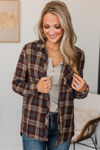 Big Expectations Plaid Button Top- Charcoal – The Pulse Boutique