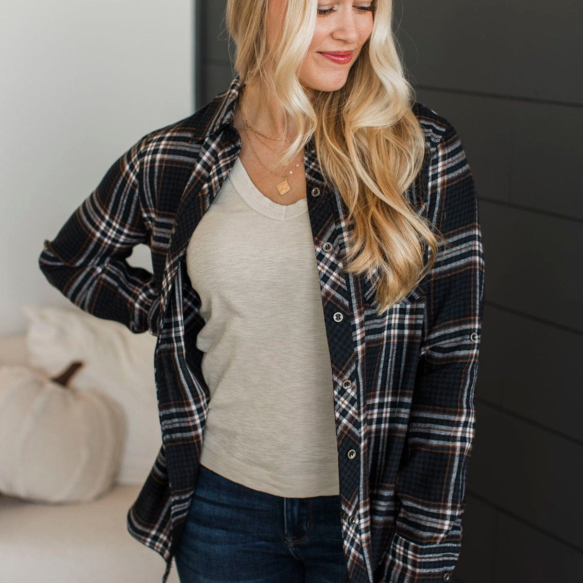 On An Expedition Plaid Button Top- Navy – The Pulse Boutique