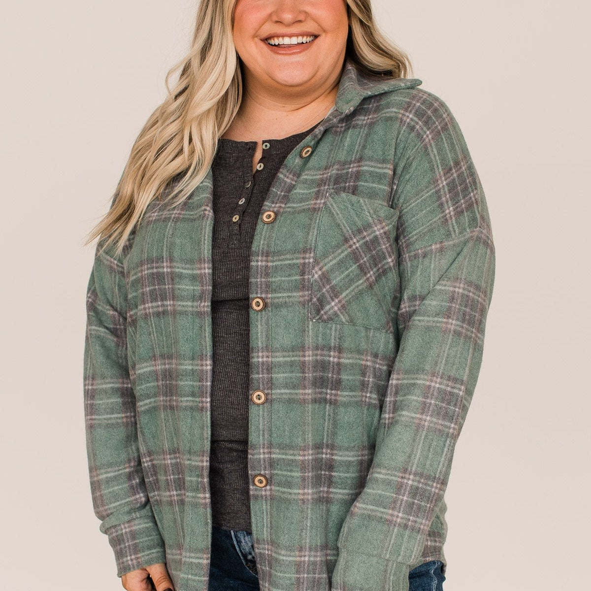All In Plaid Button Top- Dusty Jade – The Pulse Boutique