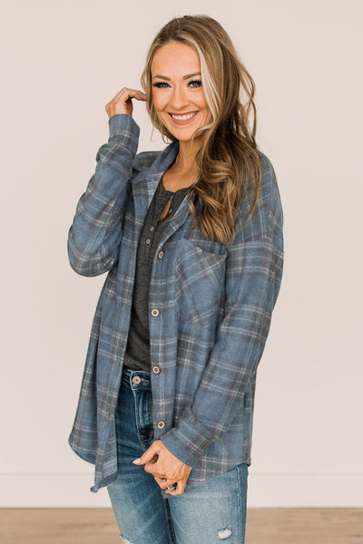 All In Plaid Button Top- Dusty Navy – The Pulse Boutique