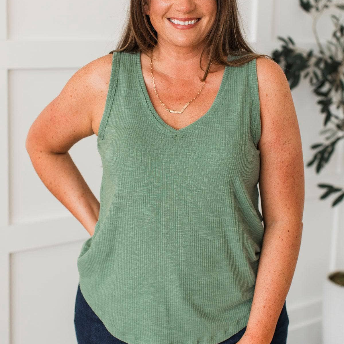 Waking Up Beautiful V-Neck Tank Top- Dark Sage – The Pulse Boutique