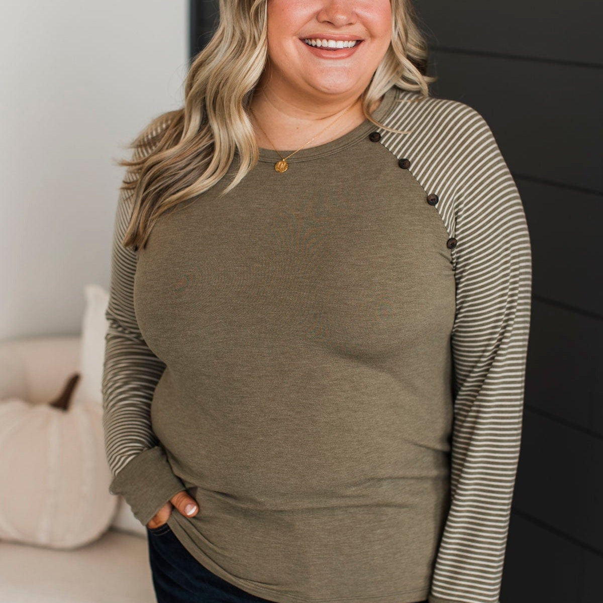 Remember This Moment Stripe Sleeve Top- Light Olive – The Pulse Boutique