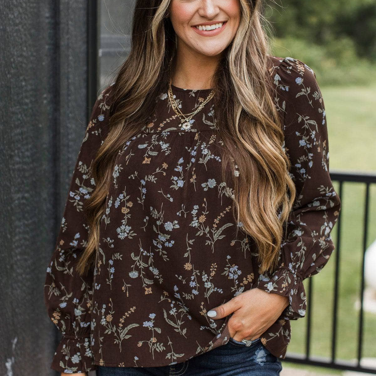 Incredibly Delightful Long Sleeve Floral Blouse- Dark Brown – The Pulse ...
