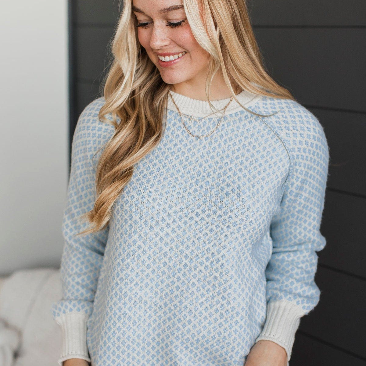 Just Stopping By Printed Knit Sweater- Chambray – The Pulse Boutique