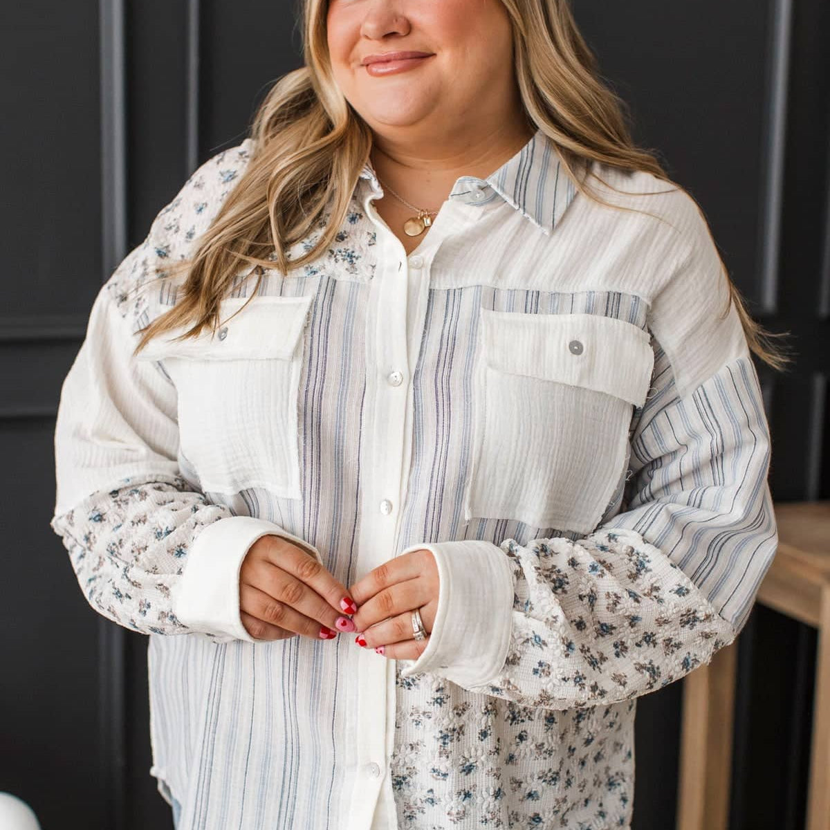 Forever Wandering Fabric Block Button Top- Ivory & Blue – The Pulse ...