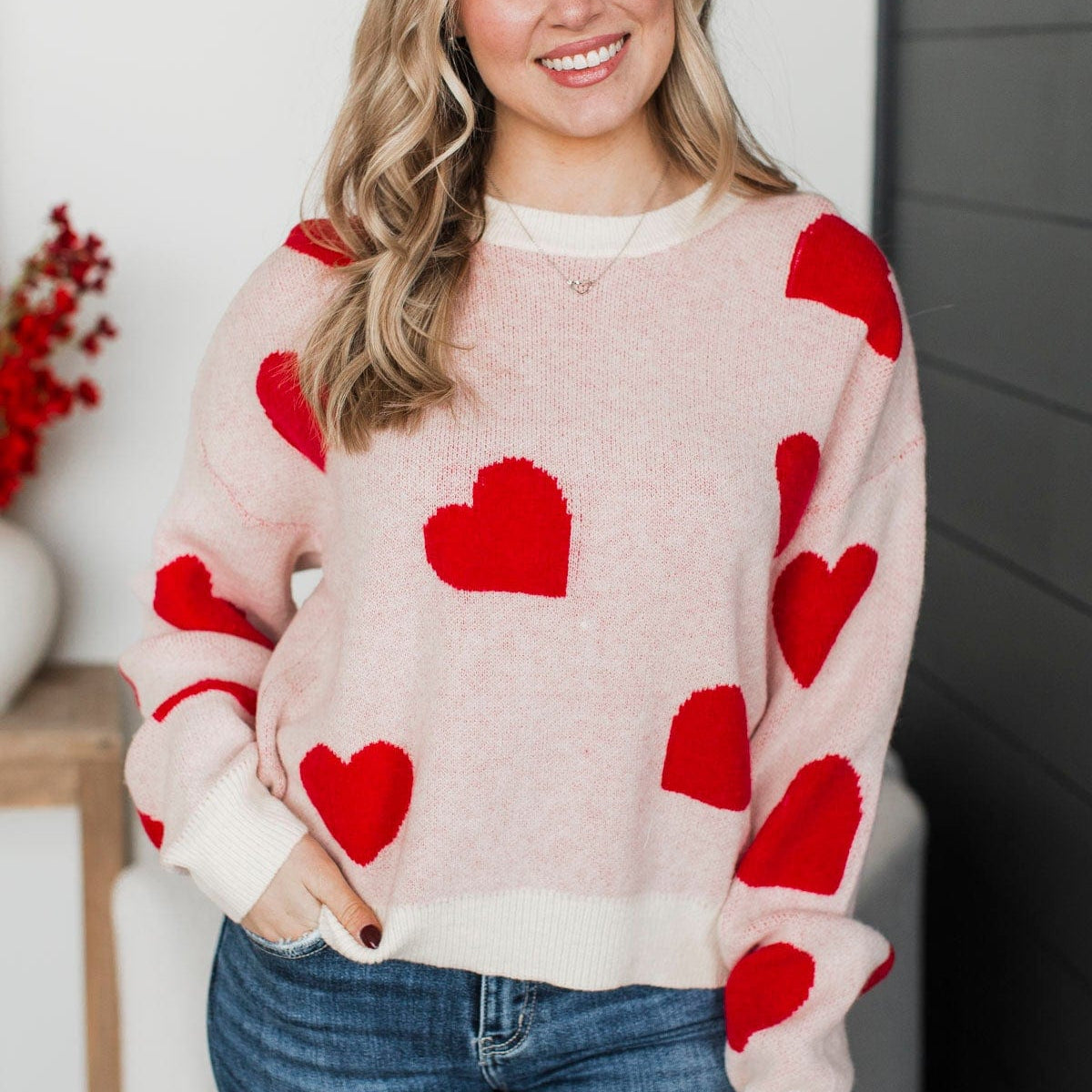 Say Something Beautiful Heart Sweater- Light Pink & Red – The Pulse ...