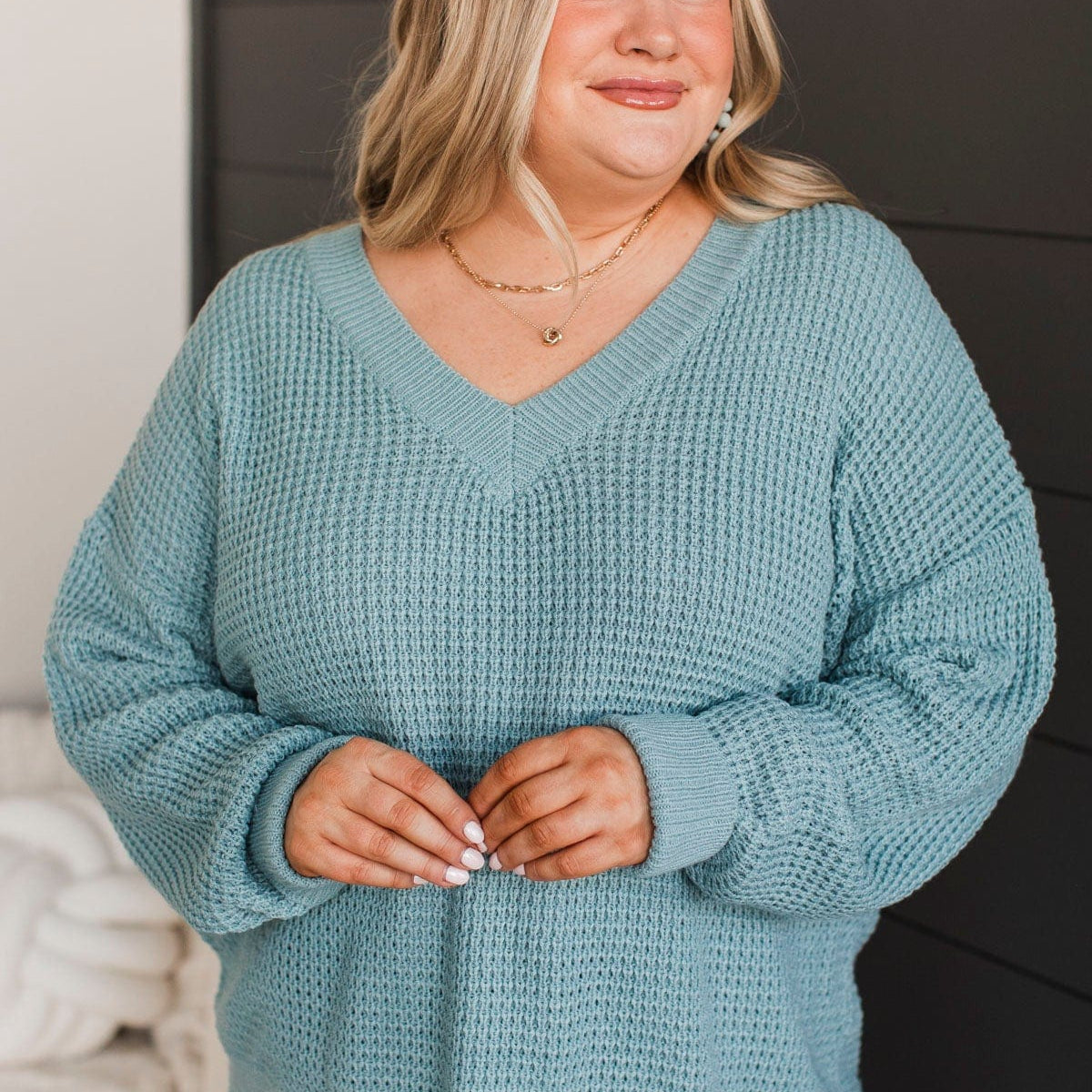 Inspiring Love V-Neck Sweater- Dusty Teal – The Pulse Boutique
