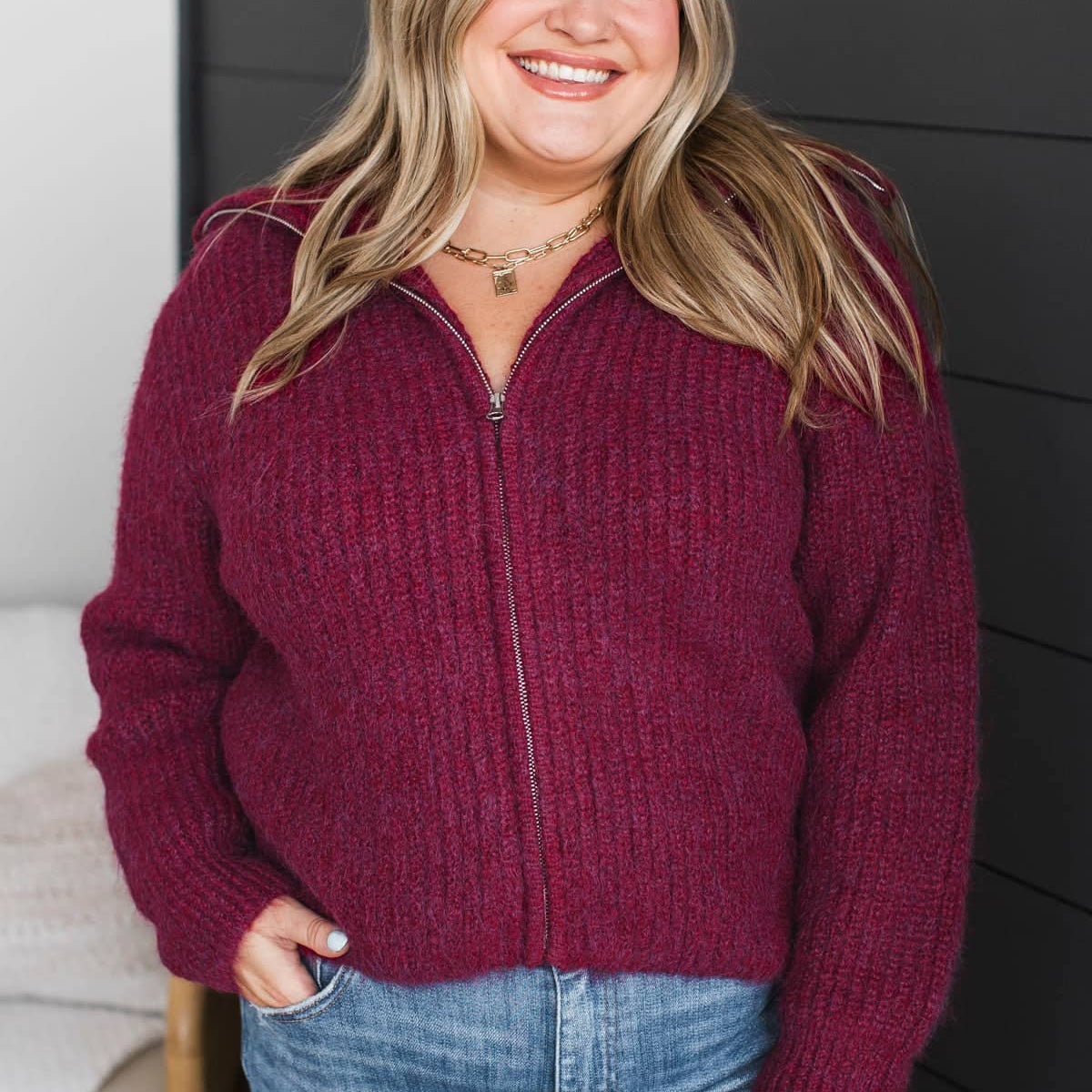 Think Cozy Zip Up Sweater- Wine – The Pulse Boutique