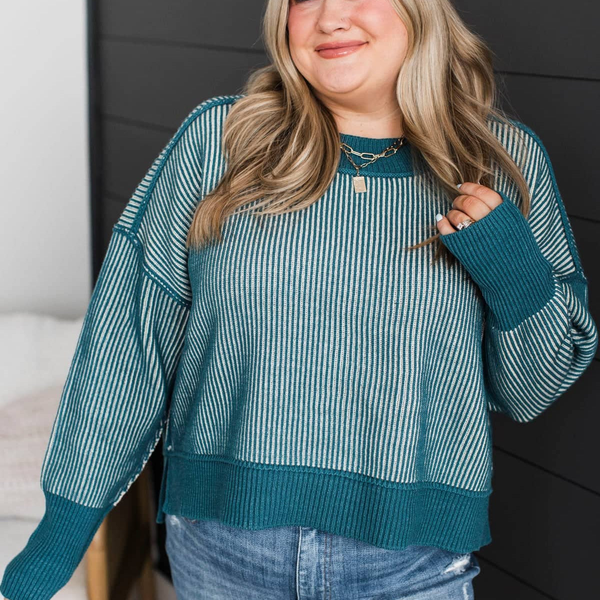 Total Devotion Two-Tone Knit Sweater- Dark Teal – The Pulse Boutique