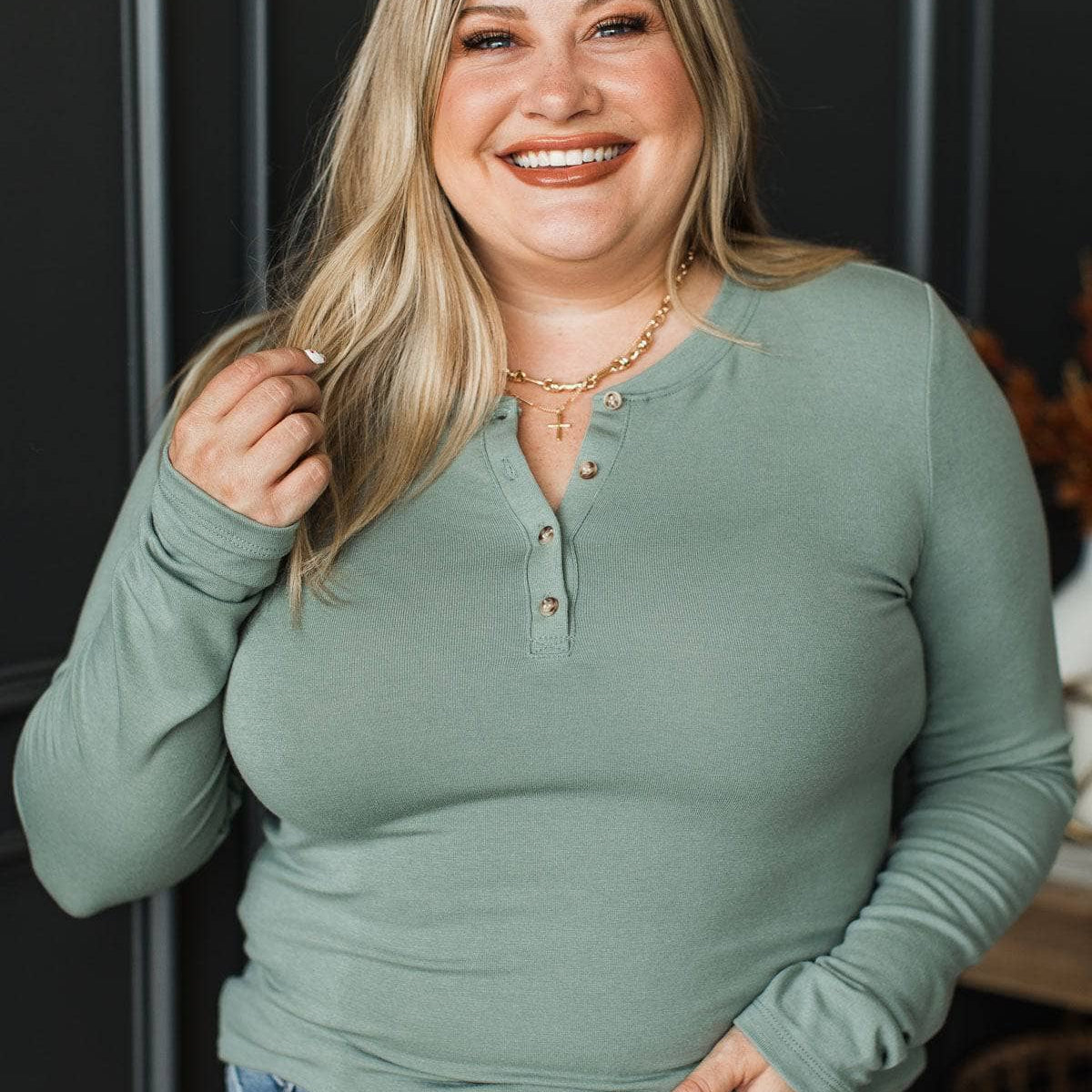 Endless Happiness Long Sleeve Henley Top- Dusty Aqua – The Pulse Boutique