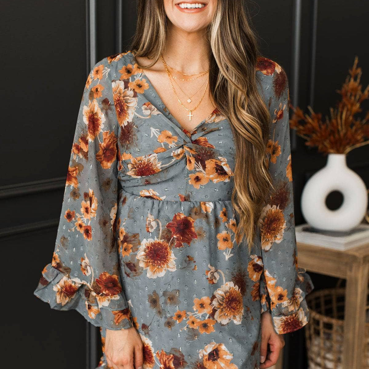 Flattering Words Floral Mini Dress- Stone Blue – The Pulse Boutique