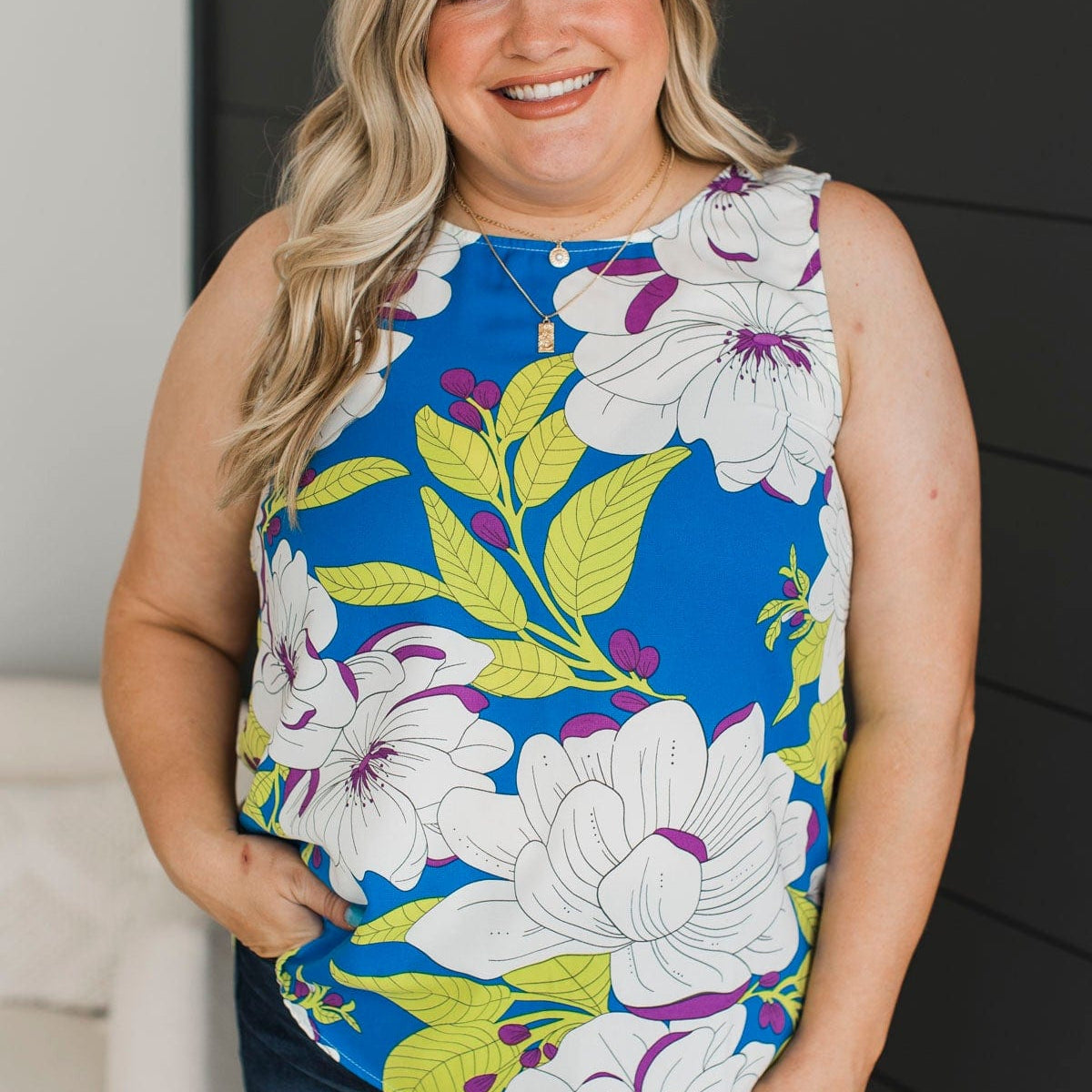 Every Time You Smile Floral Tank Top- Royal Blue – The Pulse Boutique