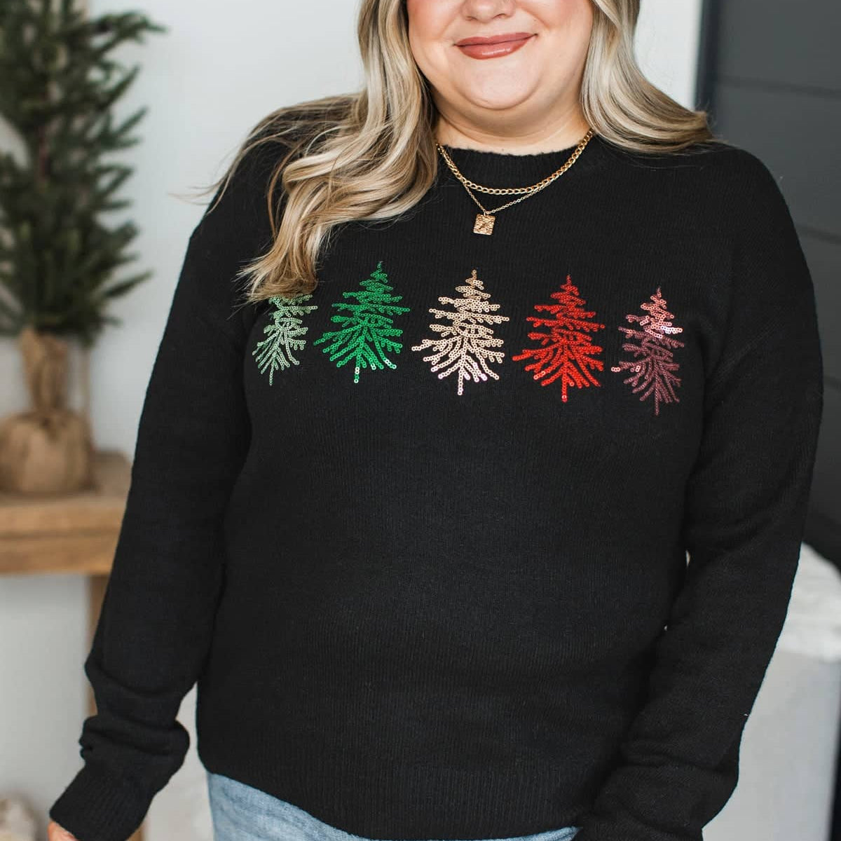 A Winter Escape Sequin Trees Knit Sweater- Black – The Pulse Boutique