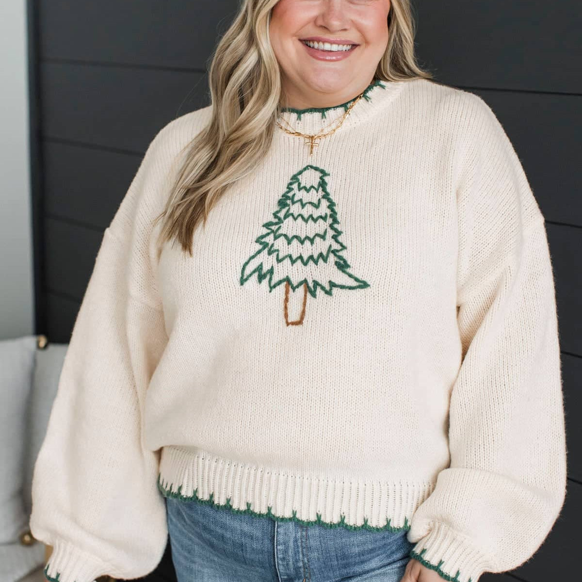 Settle Into Winter Embroidered Tree Knit Sweater- Ivory – The Pulse ...