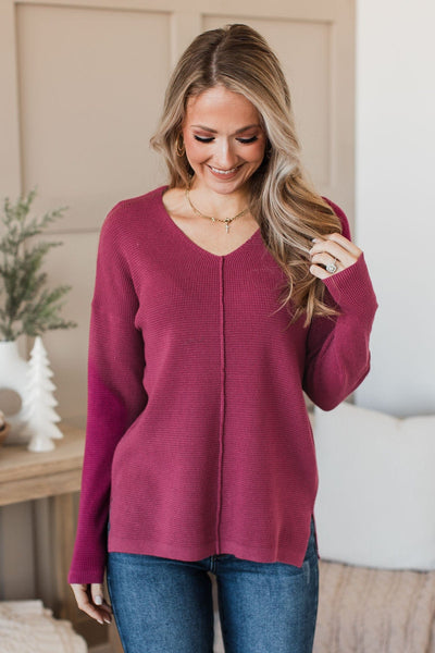 Here Together V-Neck Sweater- Berry – The Pulse Boutique