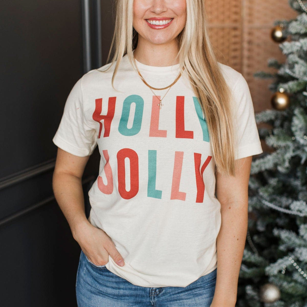 "Holly Jolly" Graphic Tee- Cream – The Pulse Boutique