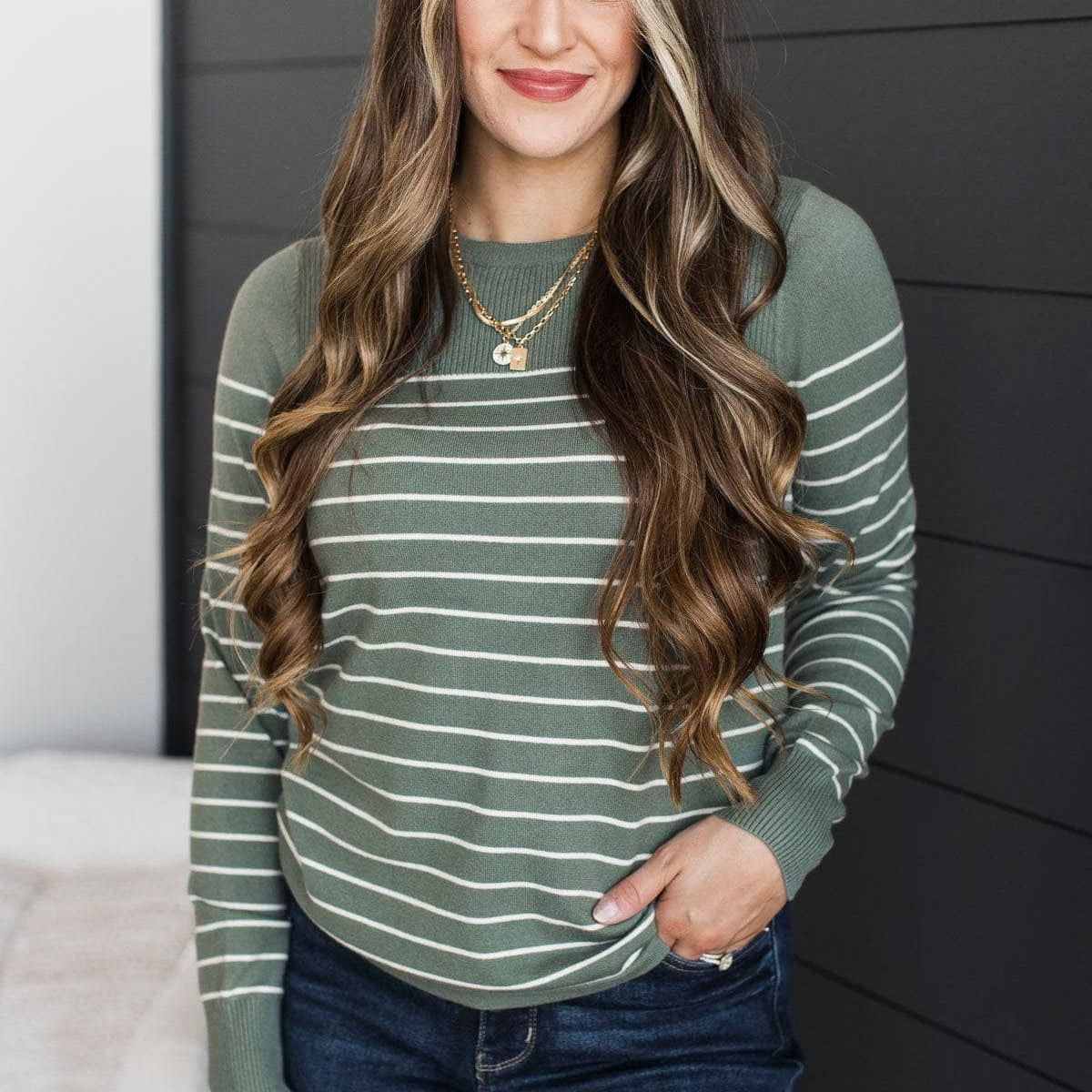 Awe Inspiring Striped Knit Sweater- Dusty Jade – The Pulse Boutique