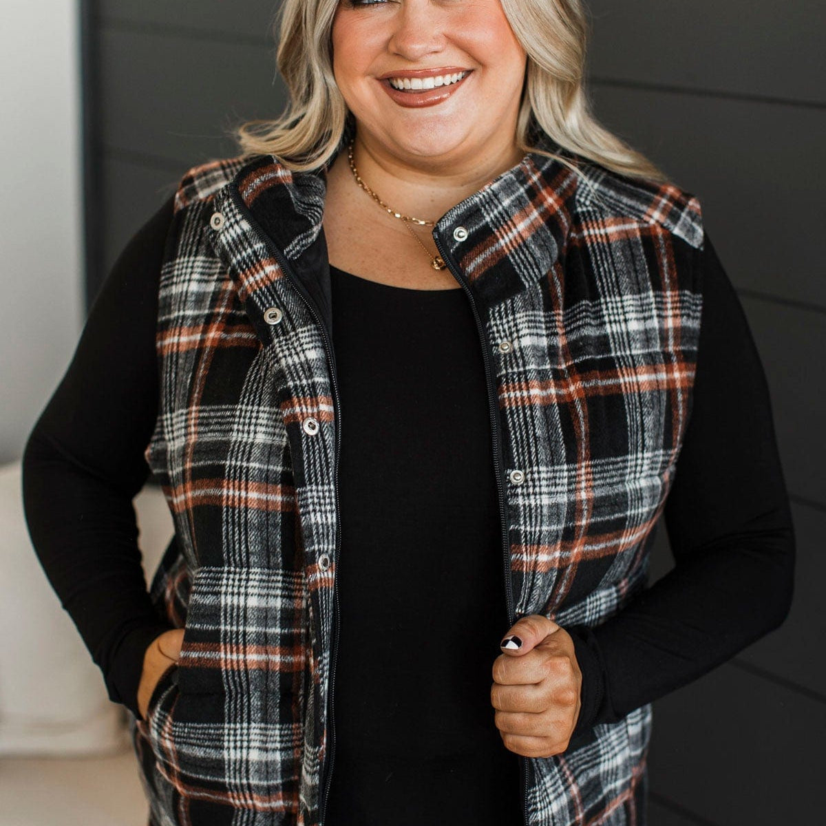 For You Always Plaid Puffer Vest- Black & Orange – The Pulse Boutique