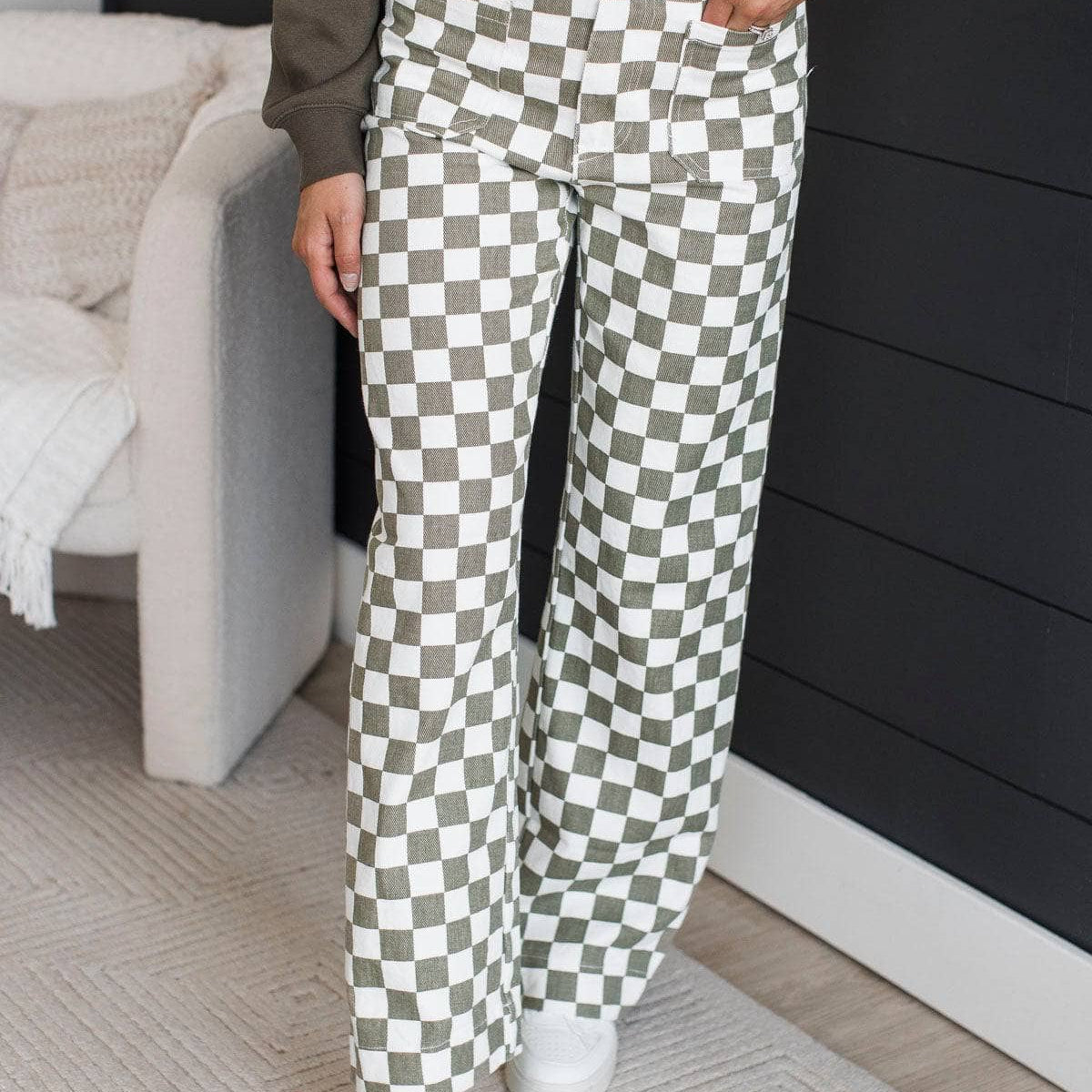 Checkered High-Rise Wide Leg Jeans- Dark Taupe & Ivory – The Pulse Boutique