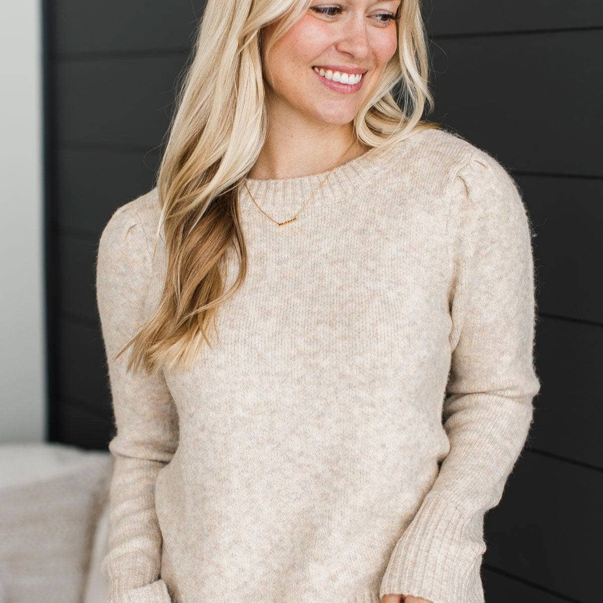 Spontaneous Smiles Puff Sleeve Sweater- Oatmeal – The Pulse Boutique