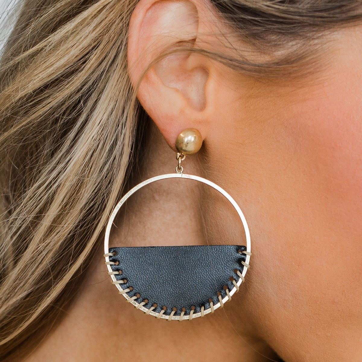Half Circle Black Leather Hoop Earrings- Gold – The Pulse Boutique