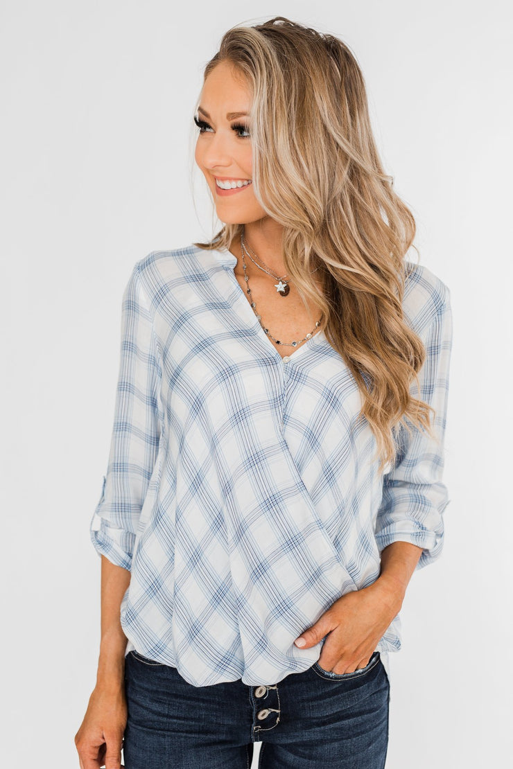 Just In Time Plaid Wrap Top- Blue – The Pulse Boutique