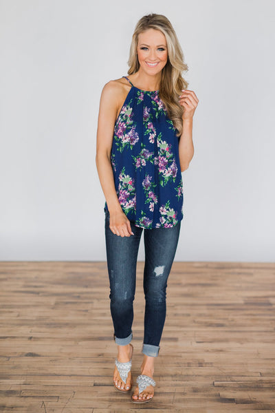 Embrace the Floral Halter Tank Top- Admiral Blue – The Pulse Boutique
