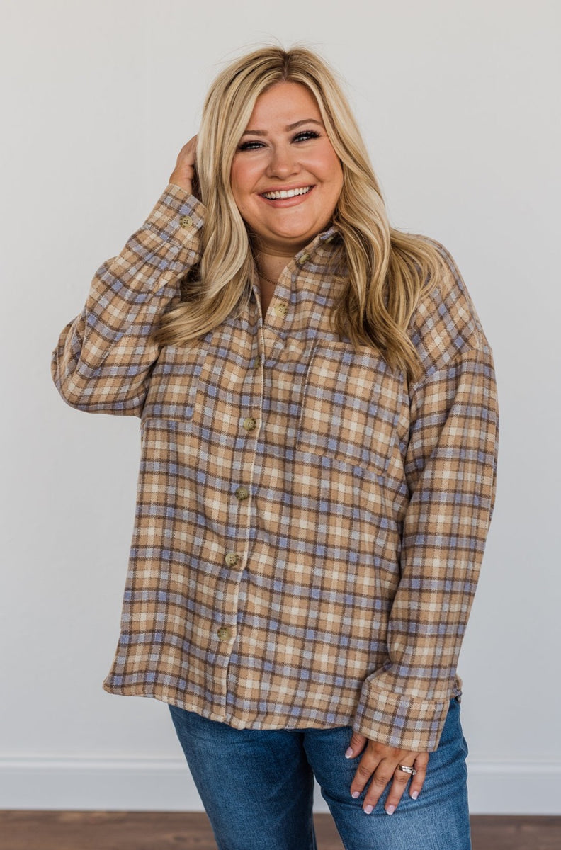 Raking In The Fun Flannel- Taupe, Tan, & Dusty Blue – The Pulse Boutique