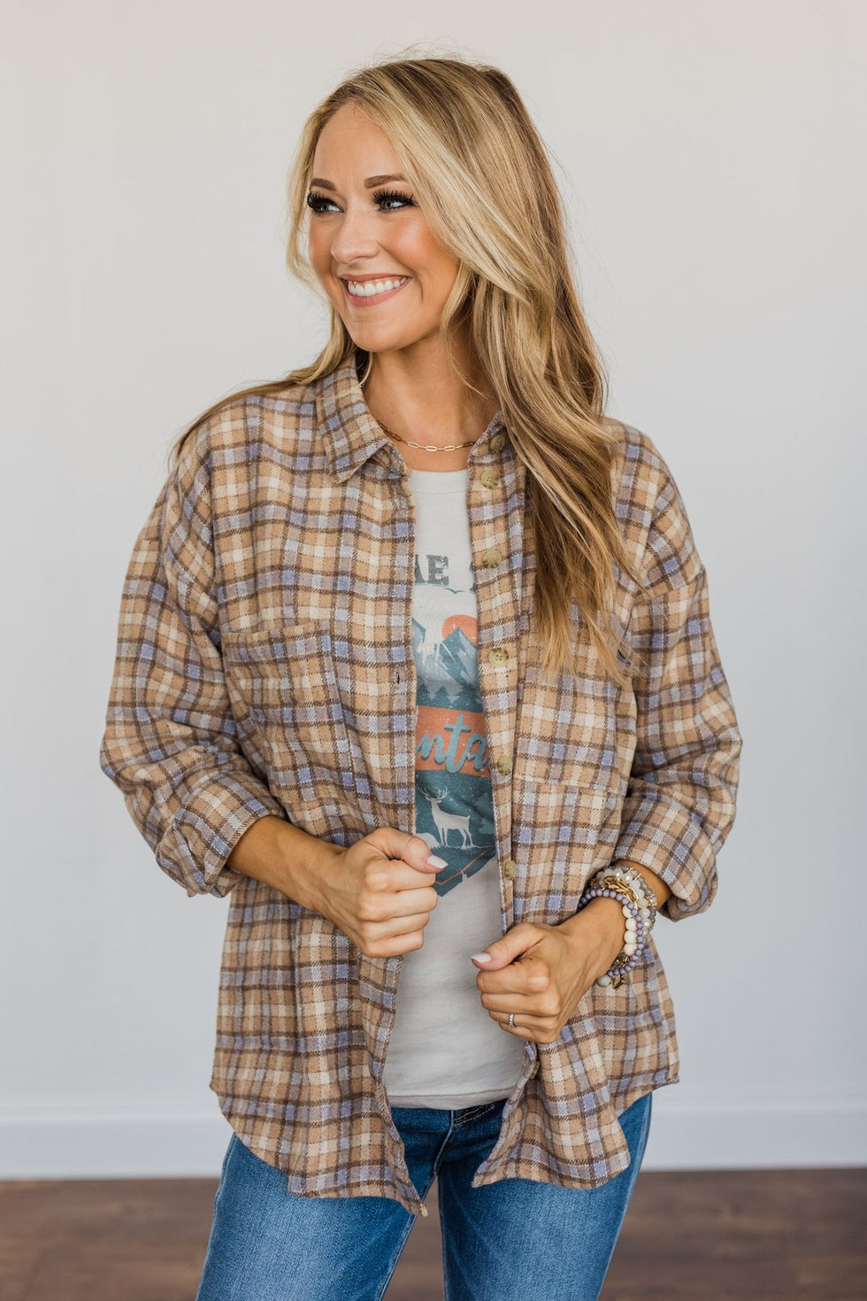 Raking In The Fun Flannel- Taupe, Tan, & Dusty Blue – The Pulse Boutique