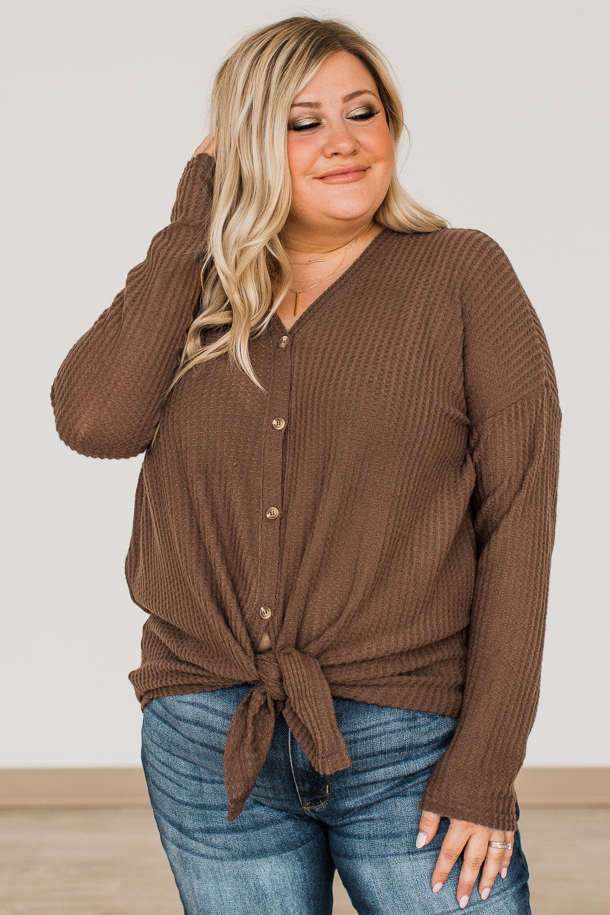 Campfire Cozy Waffle Knit Button Top- Brown – The Pulse Boutique
