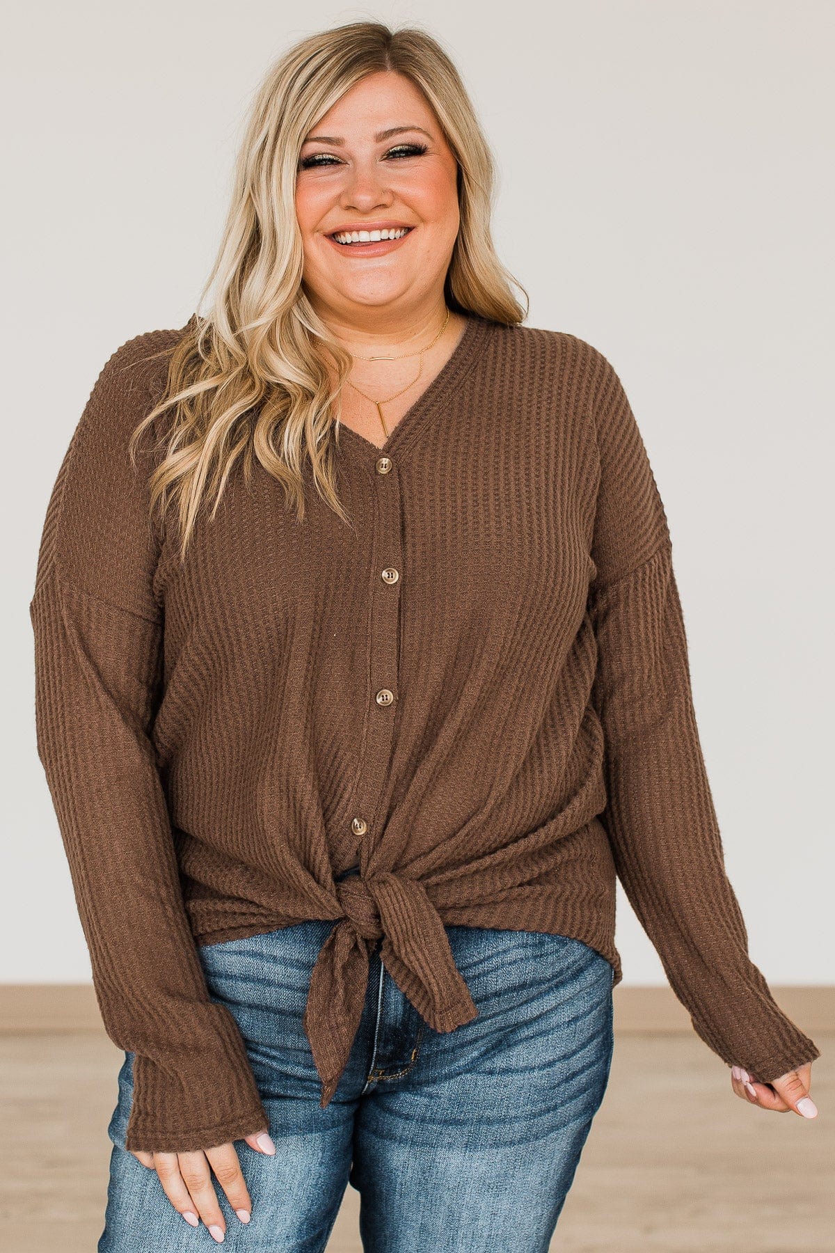 Campfire Cozy Waffle Knit Button Top- Brown – The Pulse Boutique