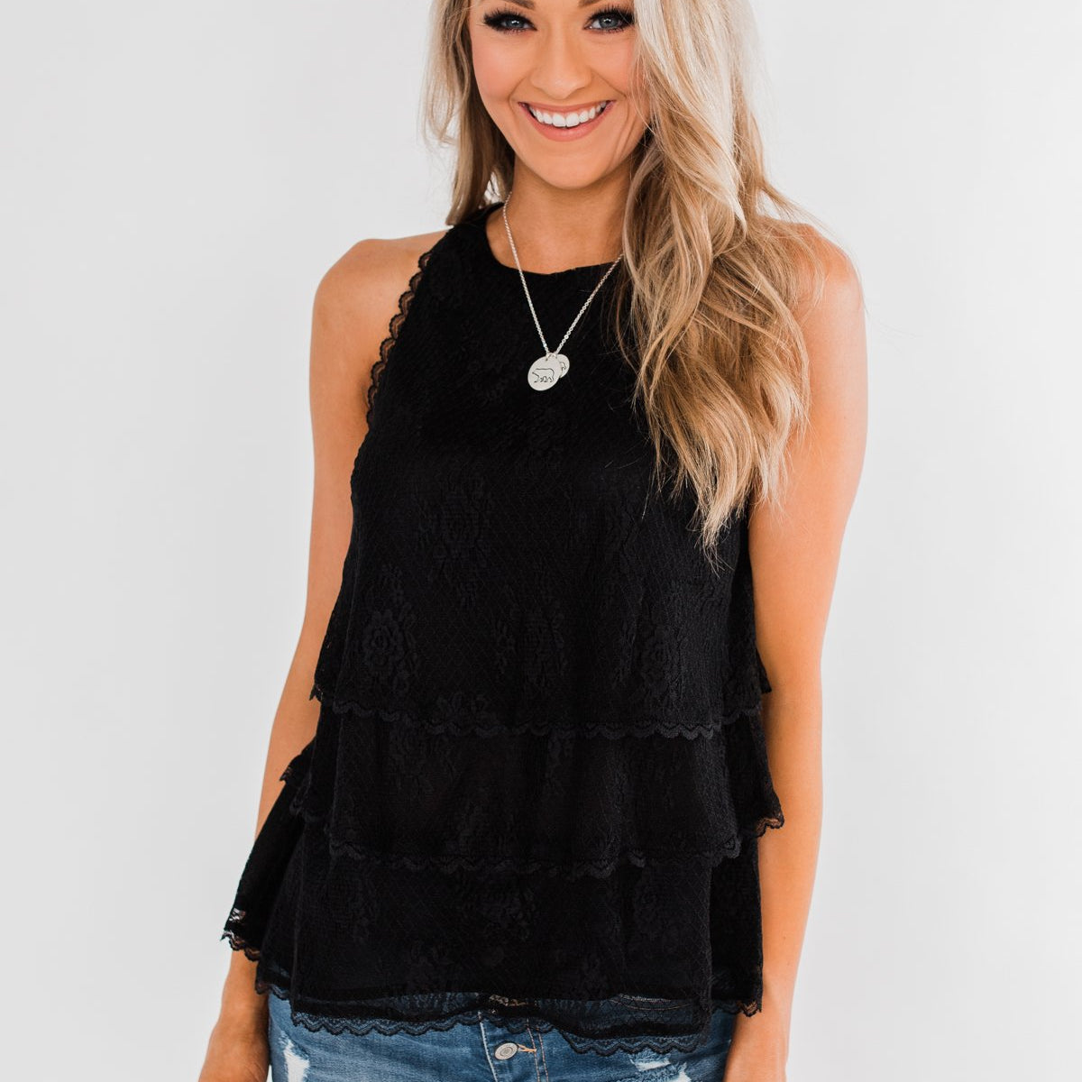 Captivating In Lace Ruffle Tank Top- Black – The Pulse Boutique