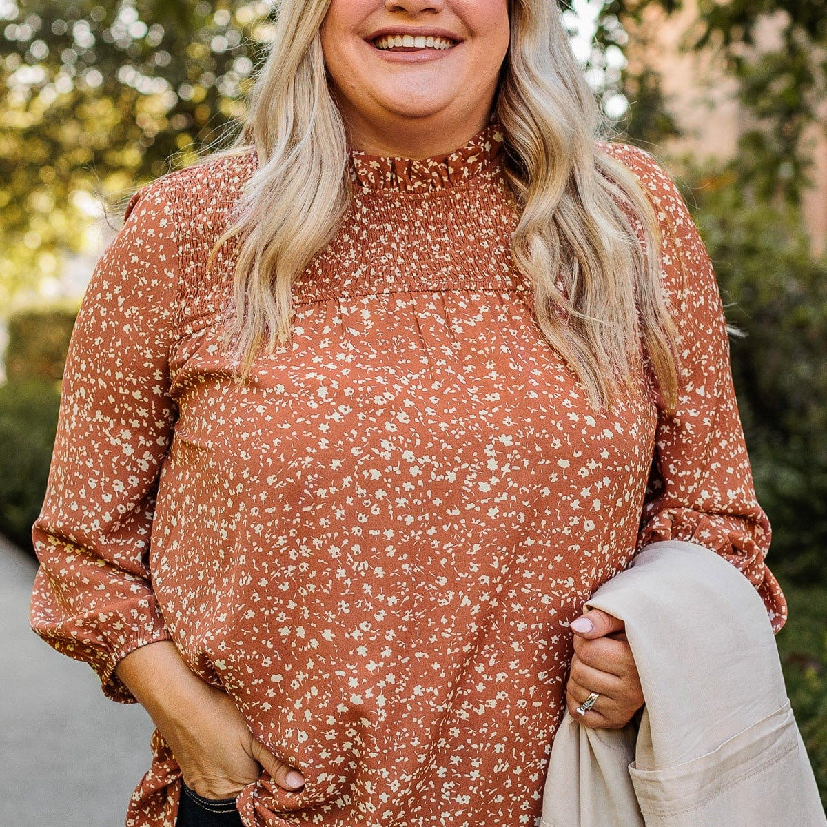 Start Somewhere Smocked Floral Blouse- Clay – The Pulse Boutique