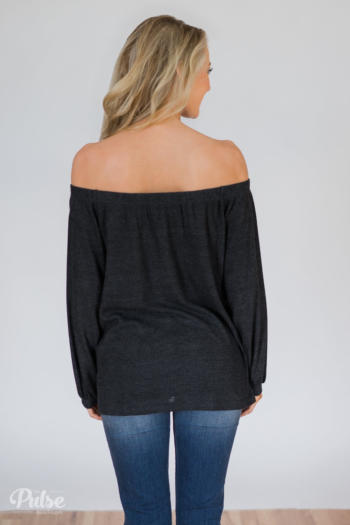 Thermal Off the Shoulder Button Top- Charcoal – The Pulse Boutique