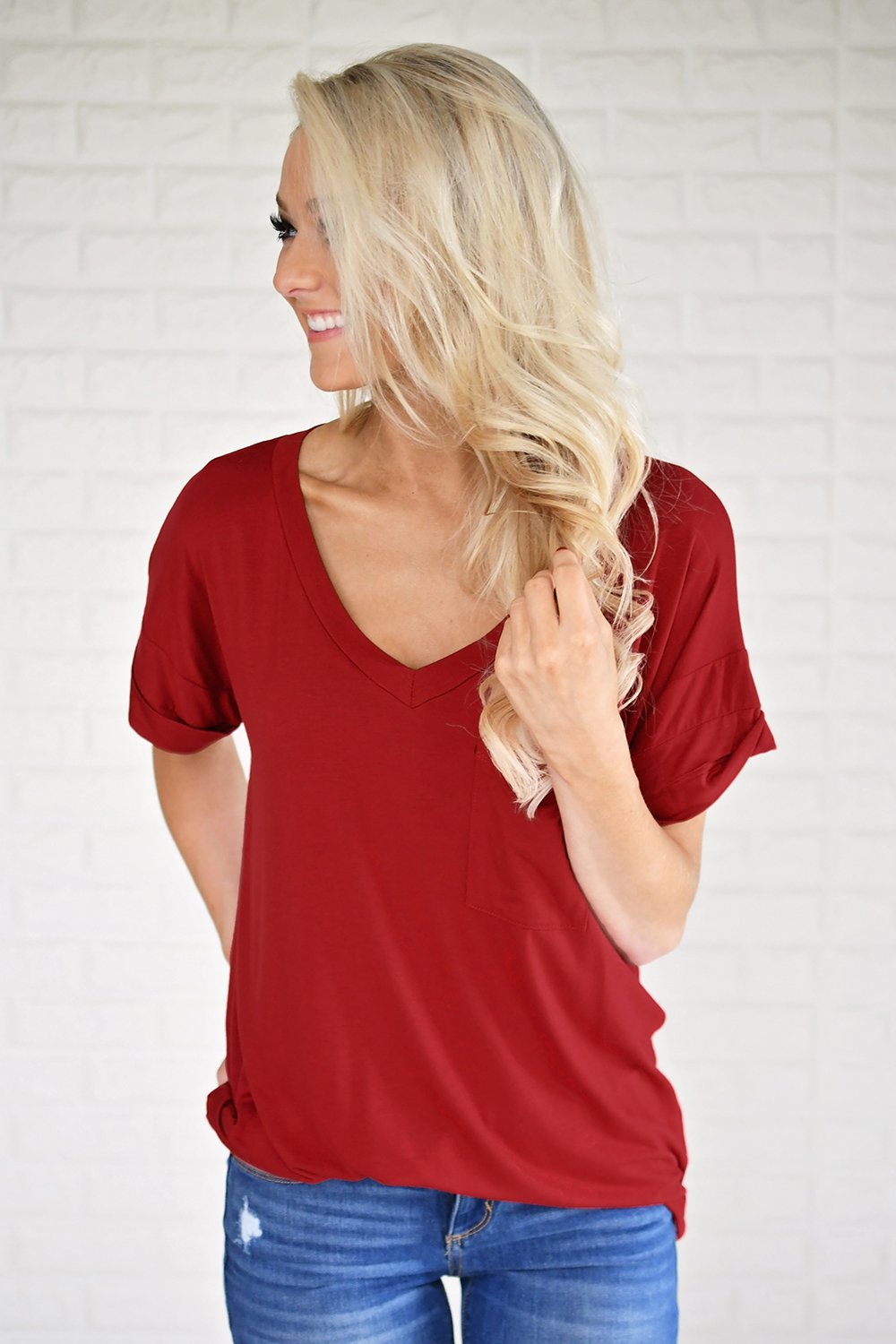 Red V-Neck Pocket Tee – The Pulse Boutique