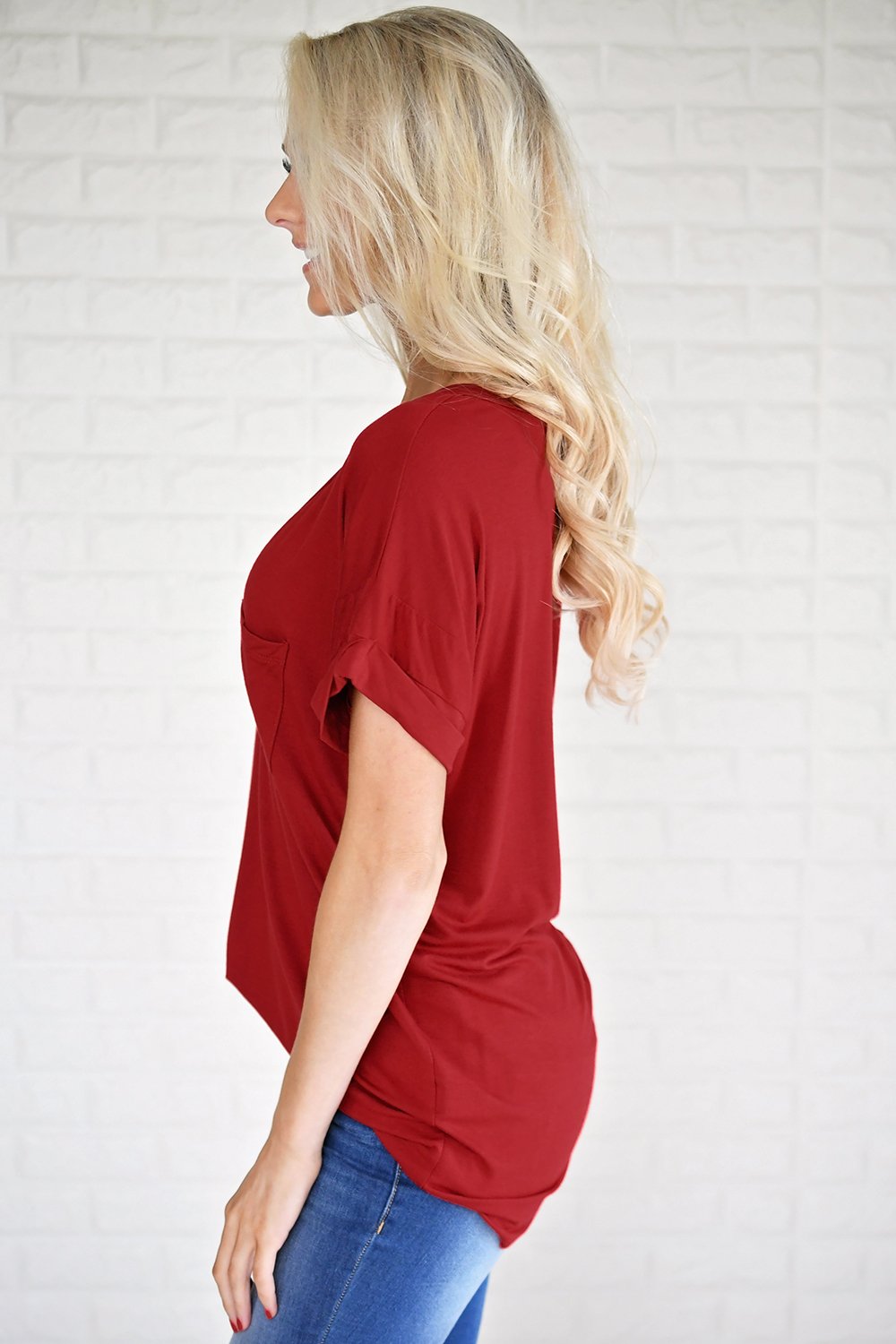Red V-Neck Pocket Tee – The Pulse Boutique