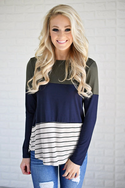 Long Sleeve Colorblock Top ~ Olive & Navy – The Pulse Boutique