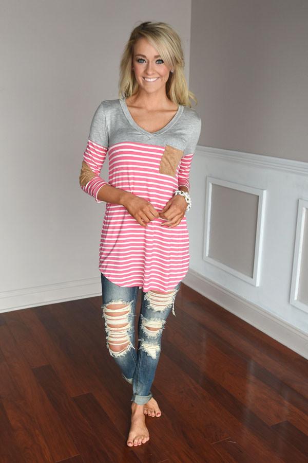 Pink Striped Elbow Patch Top – The Pulse Boutique