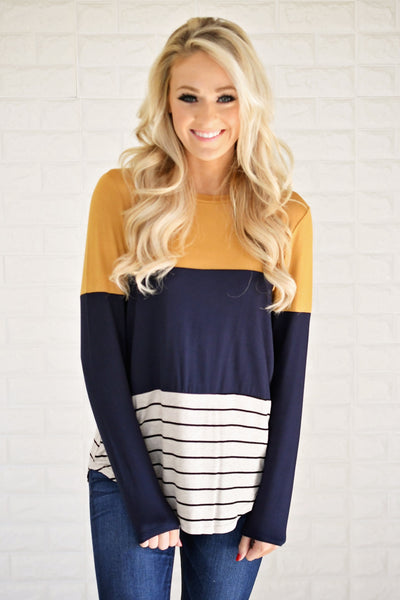 Long Sleeve Colorblock Top ~ Mustard & Navy – The Pulse Boutique