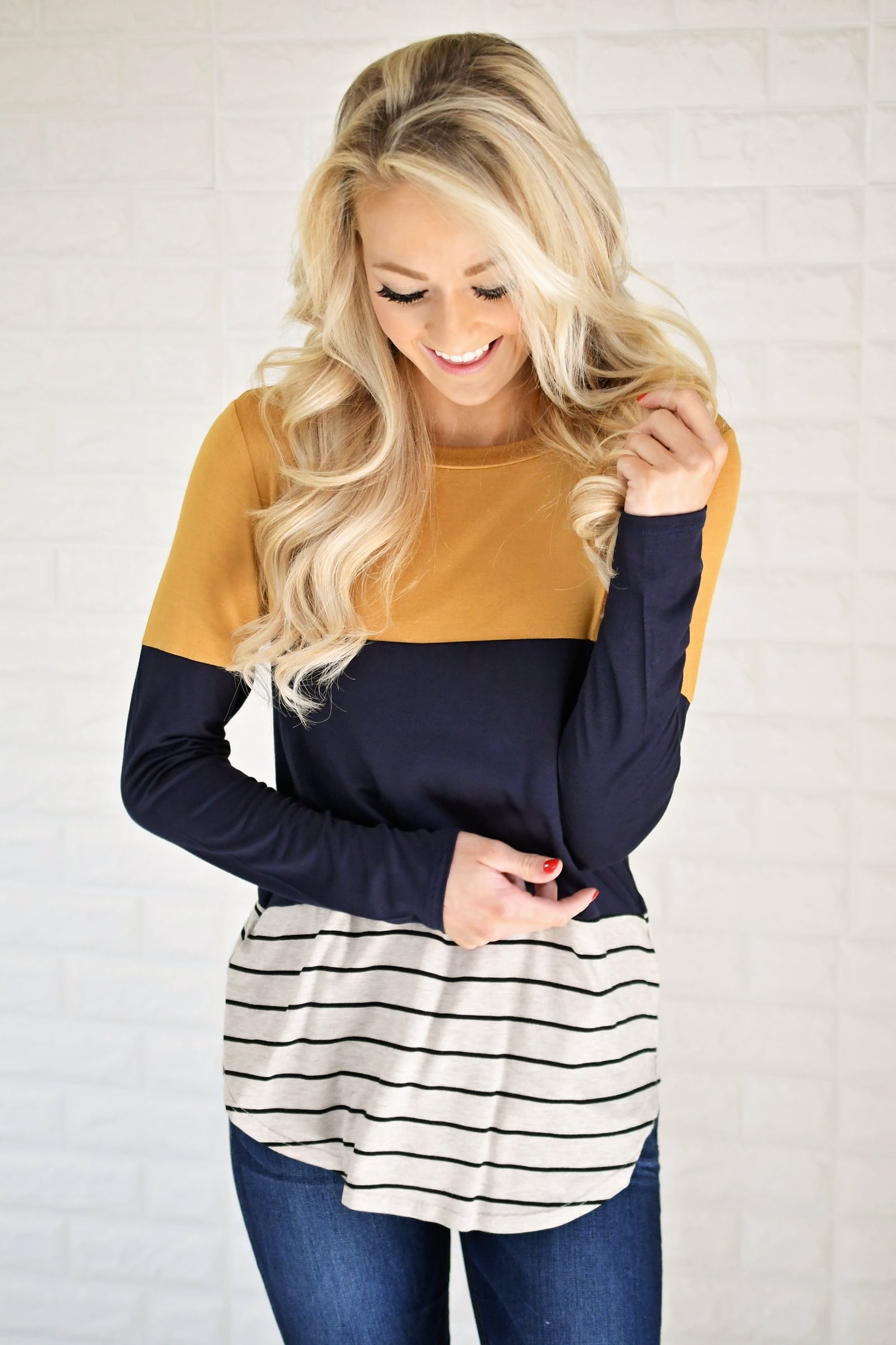 Long Sleeve Colorblock Top ~ Mustard & Navy – The Pulse Boutique