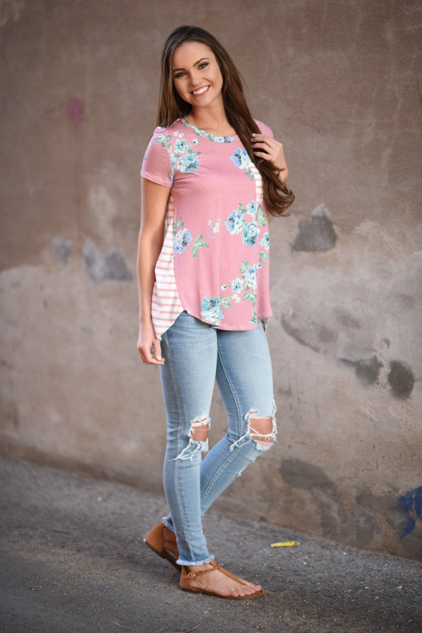 Pink Floral & Stripes Pocket Top – The Pulse Boutique
