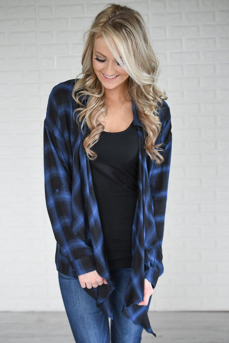 Blue & Black Checkered Plaid Cardigan – The Pulse Boutique