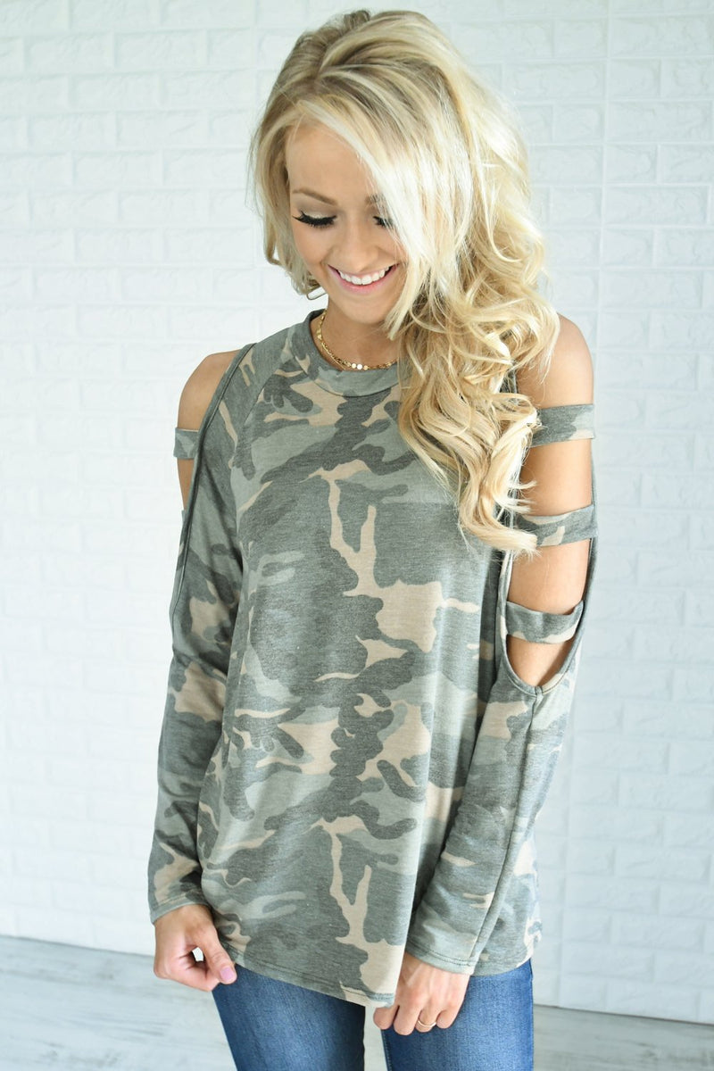 Camo Cold Shoulder Top – The Pulse Boutique