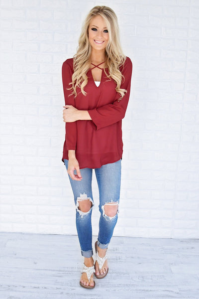 Burgundy Criss Cross Blouse – The Pulse Boutique