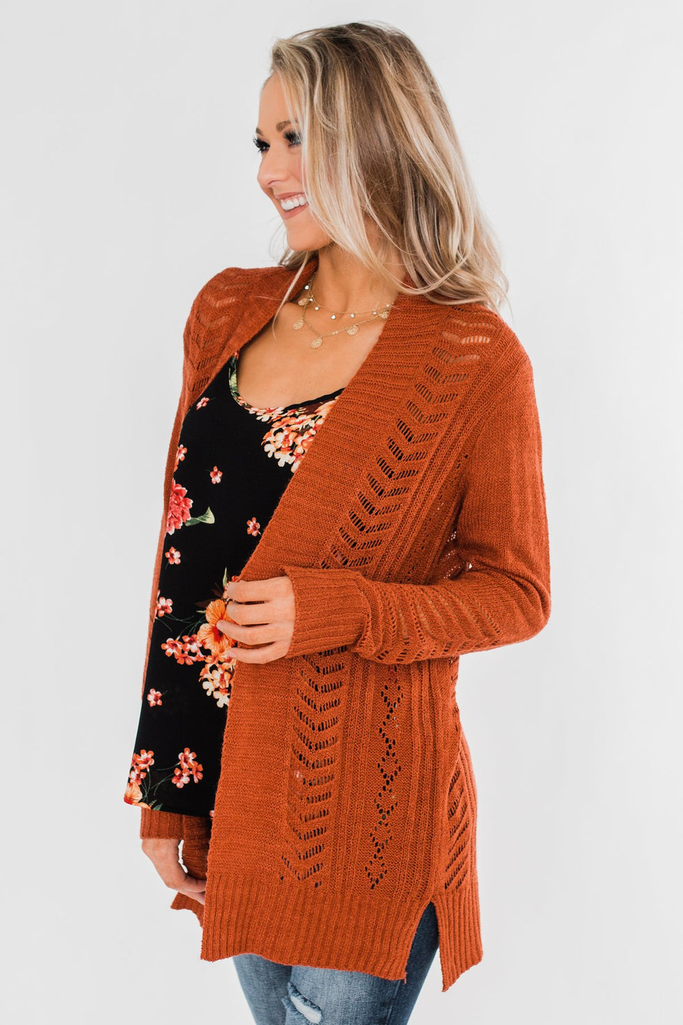 Open Front Pointelle Cardigan- Rust – The Pulse Boutique