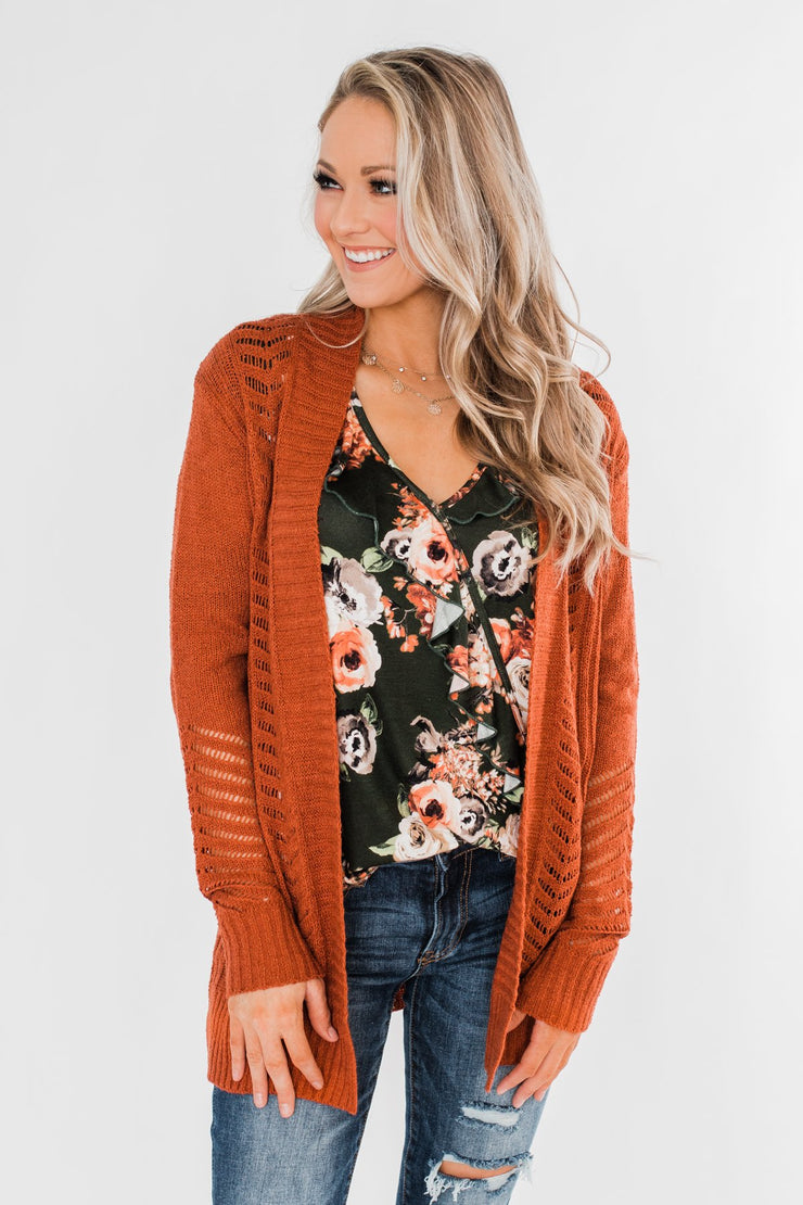 Open Front Pointelle Cardigan- Rust – The Pulse Boutique